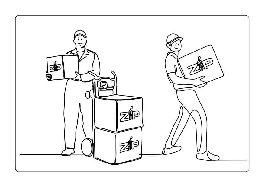 Two Zip movers and a hand truck with boxes.