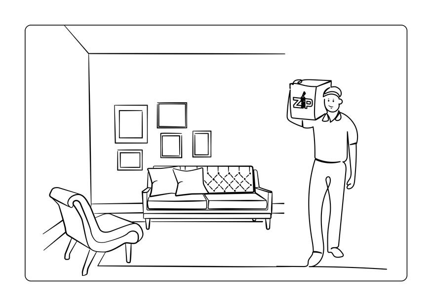 Color the living room and Zip mover with a box.