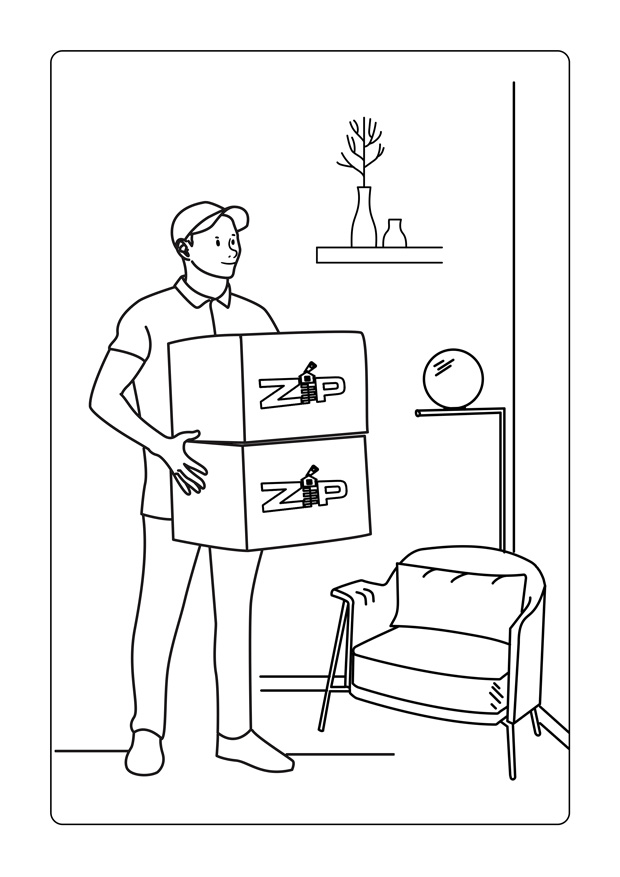 Professional mover with a box and a chair.