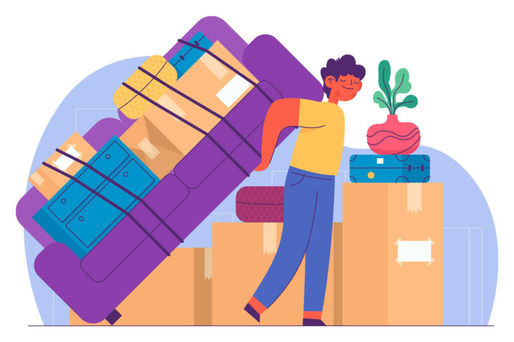 Packing for a move with a sofa and boxes